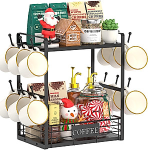 EsLuker.ly 2 Tier Coffee Bar Organizer Countertop Station Shelf for Home Office, Multi-functional Coffee Mug Cup Holder Stand, Accessory Storage Rack with 12 Hooks, Space-Saving Coffee Nook Enhancer