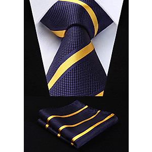 HISDERN Mens Ties Set Extra Long Ties and Pocket Square Set Navy Blue Yellow Necktie Handkerchief 63 Inch XL Silk Neckties Collection 3 Pack Wedding