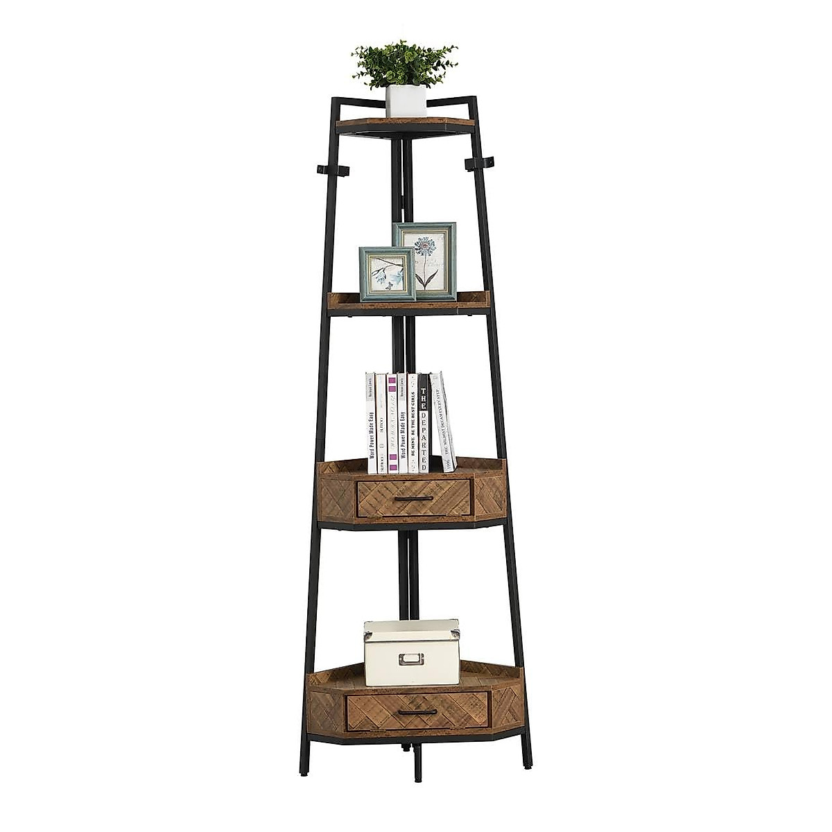 ELzEy Corner Shelf with Two Drawers Tall 4-Tier Industrial Bookcase Black