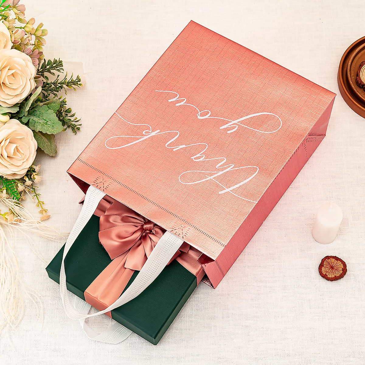 Crisky Reuseable Rose Gold Thank You Gift Bags for Business Wedding Party, 25 Counts Medium Size Eco-Friendly Non-Woven Treat Party Favor Bags, 11x4x9 Inches