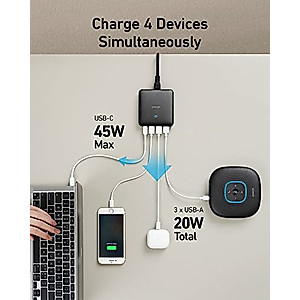 Anker 65W 4 Port PIQ 3.0 & GaN Fast Charger Adapter, PowerPort Atom III Slim Wall Charger with a 45W USB C Port, for MacBook, USB C Laptops, iPad Pro, iPhone, Galaxy, Pixel and More