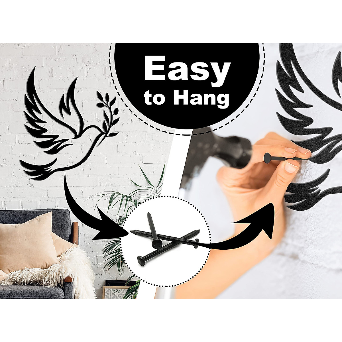 Vivegate Dove of Peace Olive Branch Metal Wall Art – Olive Branches Peace Black Outline White Dove Metal Wall Decor (Large - 15"X13", Dove)