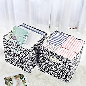 ANMINY 4PCS Storage Cube Set Leopard Print Velvet Fabric Storage Bins Boxes Baskets with Handles PP Plastic Board Foldable Closet Shelf Organizer Container for Home Office - Black White, 11"x 11"x 11"