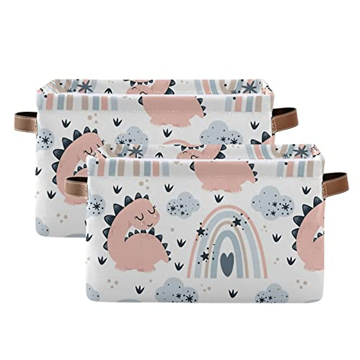 Pink Dinosaur Storage Basket Set of 2 Large Fabric Rainbow Storage Basket Bins Box Cube with Handles Collapsible Closet Shelf Clothes Organizer Basket for Nursery Bedroom