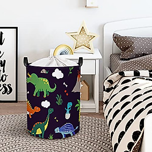 Clastyle 45L Waterproof Adorable Dinosaur Laundry Basket Black Collapsible Laundry Hamper with Handle Kids Toys Room Storage Basket with Drawstring, 14 * 17.7 in