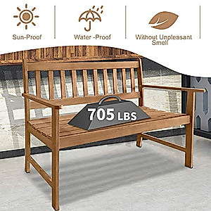 Outdoor Patio Bench Furniture Wooden Bench Wicker Bench Farmhouse Bench W/Backrest &Wide Armrest Natural Oiled for Park Yard Large Bench Garden Bench, (Natural