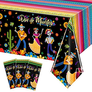 3 Pieces Day of The Dead Tablecloth Dia De Los Muertos Table Cover Halloween Sugar Skull Floral Table Cover Mexican Fiesta Plastic Tablecloth for Halloween Mexican Fiesta Party Supplies, 54 x 108 Inch