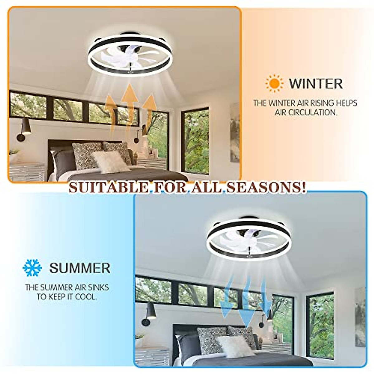 Bella Depot Ceiling Fans with Lights, Low Profile Ceiling Fan with Light, Flush Mount LED Ceiling Fan with Dimmable LED Lights, Reversible Blades, Timing, Smart APP Control for Bedroom (Black)