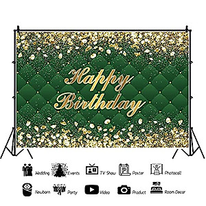 Renaiss 7x5ft Happy Birthday Backdrop Banner for Photoshoot Portrait Gold Diamonds Green Photography Background for Men Women 30th 40th 50th 60th 70th 80th Bday Party Decor Glitter Photo Booth Prop