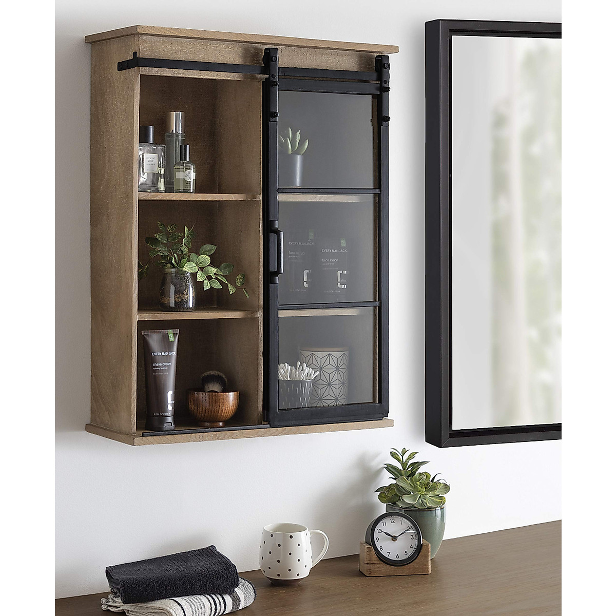 Kate and Laurel Barnhardt Decorative Wooden Wall Cabinet with Sliding Glass Door, 22" x 28", Rustic Brown, Barndoor Modern Farmhouse Storage