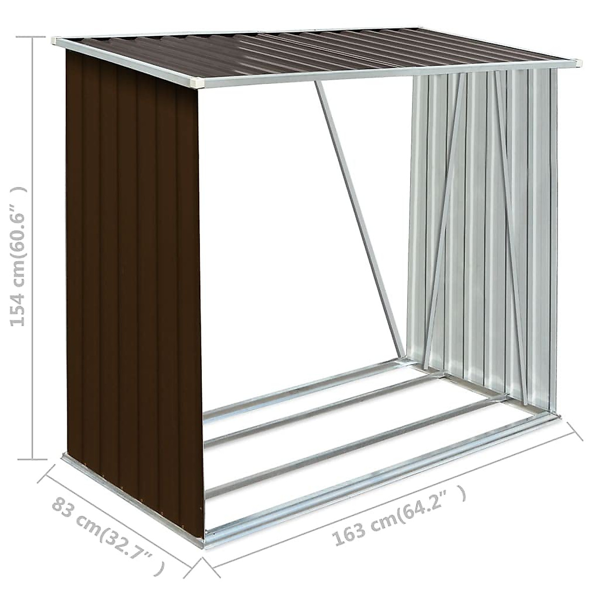 vidaXL Garden Log Storage Shed - Compact, Waterproof Wood Storage with Ventiliated Design - Galvanized Steel - Brown - 64.2" x 32.7" x 60.6"