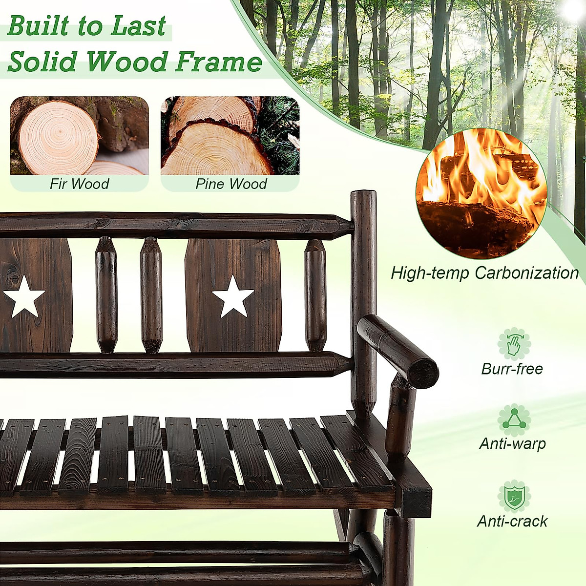 Giantex Outdoor Rocking Bench, Patio Loveseat Rocker for 2 w/Ergonomic Back & Log Arms, Carbonized Fir Wood Frame, Wooden Double Rocking Chair for Porch, Garden, 710 LB Capacity, Rustic Brown