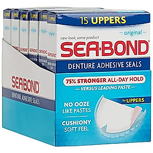 Sea-Bond Secure Denture Adhesive Seals, Original Uppers, Zinc Free, All Day Hold, Mess Free, 15 Count- Pack of 6 ( 90 Total Uppers)