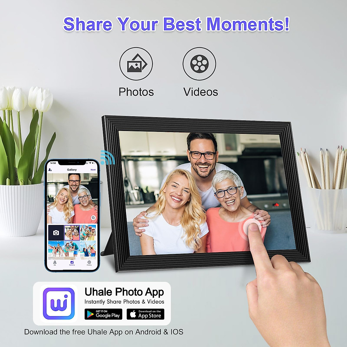 2024 Newest FRAMEO Digital Photo Frame, 10.1 Inch WiFi Digital Picture Frame with IPS HD Touch Screen 1280x800, Auto-Rotate, Easy Share Photos or Videos via FRAMEO APP (Black)