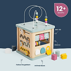 Bigjigs Toys Wooden Activity Cube - 100% FSC® Certified Busy Centre With Shape Sorter & Bead Maze, Sustainable Sensory Toys For 1 Year Old, 22cm W x 23cm H