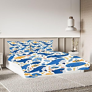 Lokaluo Whale Duvet Cover Full Size 3D Printed Cartoon Blue Whale Duvet Cover Set Blue Ocean Animal Themed Sealife Tropical Beach Bedding Set Bedroom Decor 3 Pcs Comforter Cover with 2 Pillowcases