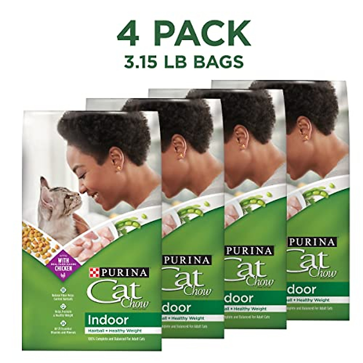 Purina Cat Chow Indoor Dry Cat Food, Hairball + Healthy Weight - (4) 3.15 lb. Bags