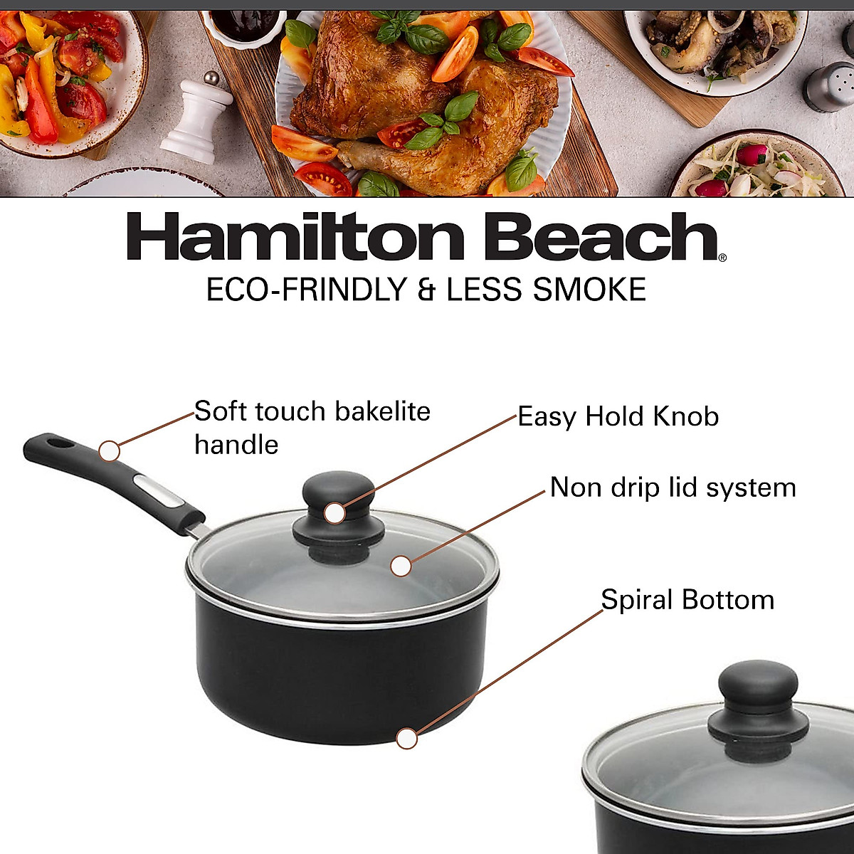 Hamilton Beach Nonstick Covered Sauce Pan 3-Qt - Black Aluminum Saucepan with Soft Touch Bakelite Handle & Glass Lid - Flared Edge - Spiral Bottom, Multipurpose Use - Durable & Dishwasher Safe