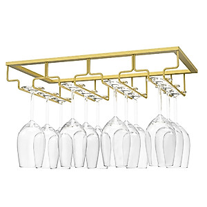 Nuovoware Hanging Stemware Holder, Wine Glass Holder Hanging Wine Glass Holder with 4 Rails for Under Shelf Glass Cabinet Hanging Chrome Kitchen Bar - Gold