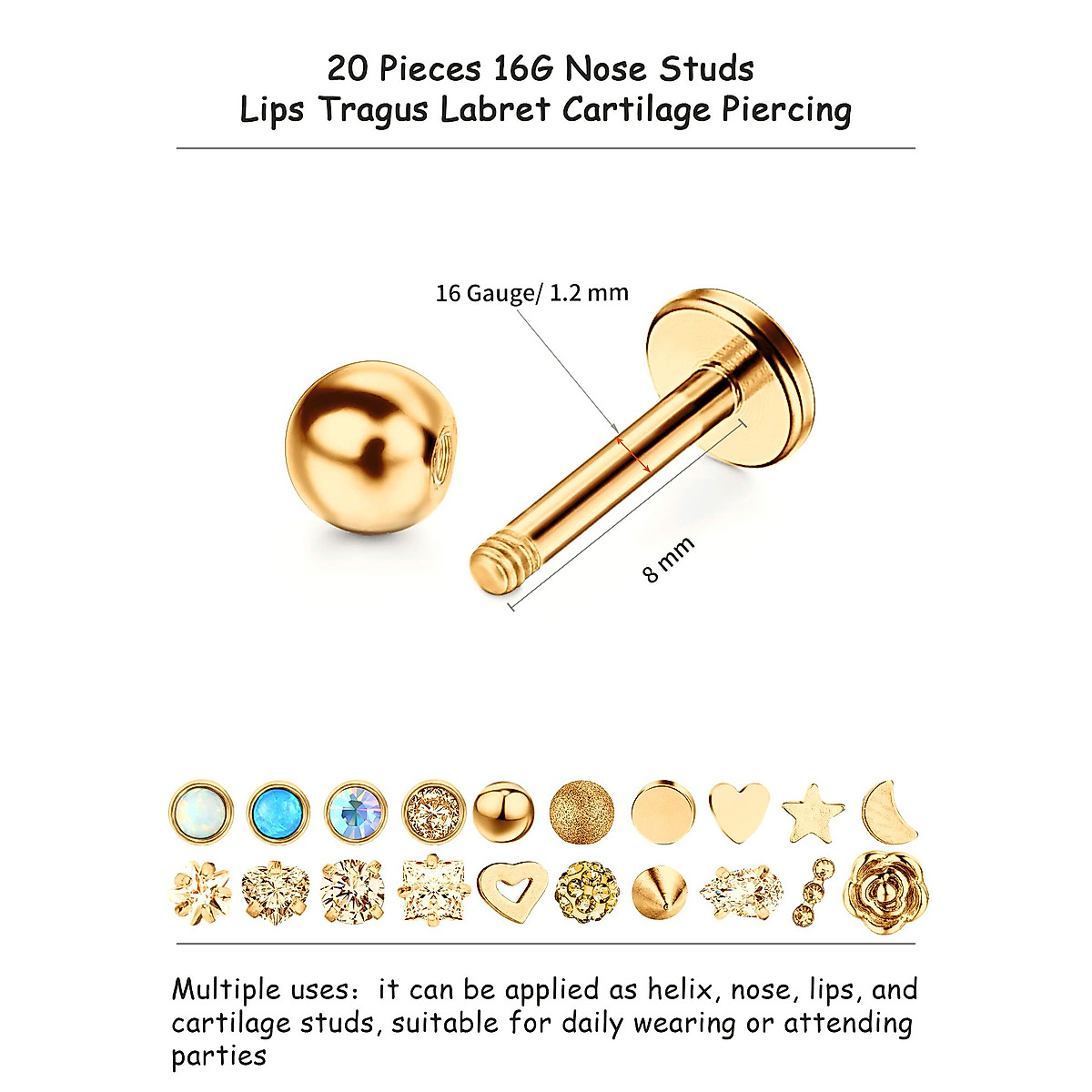 Blulu 20 Pcs 16g Stainless Steel Nose Studs Straight Nose Rings Body Piercing Jewelry 20 Styles for Women Men