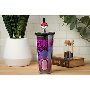 Silver Buffalo Pokemon Plastic Cold Cup with Lid and Straw Topper Featuring Genger, 24 Ounces