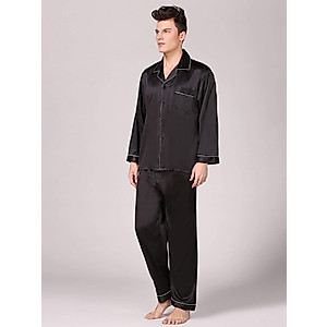 OYOANGLE Men's Long Sleeve Satin Pajama Set Button up Shirt and Pants Loungewear Sleepwear Black L