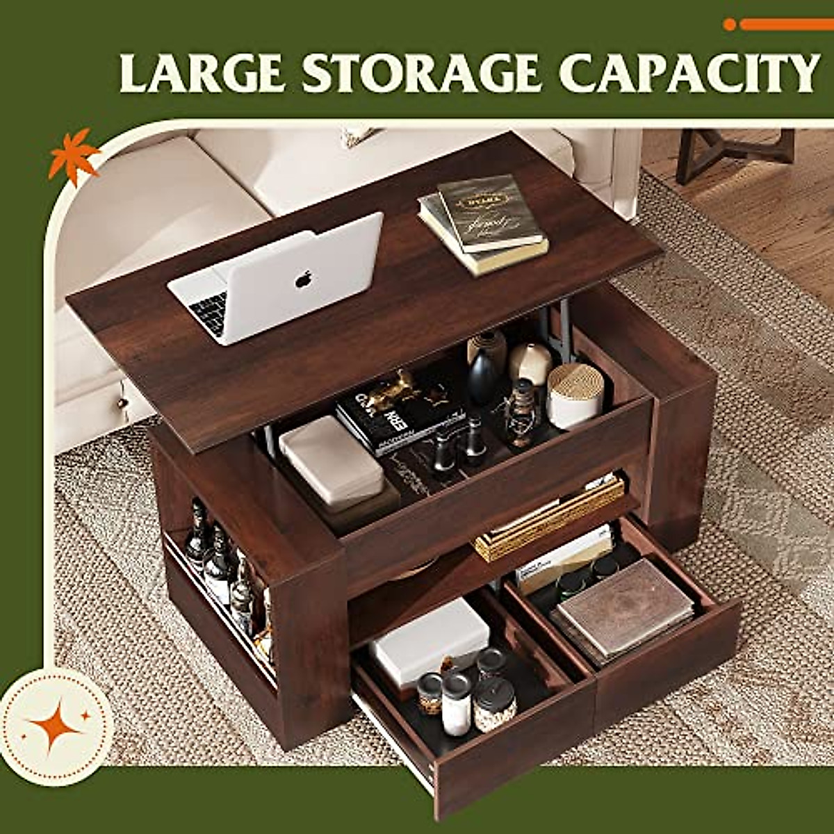 WLIVE Lift Top Coffee Table with Storage,Small Coffee Table with Drawers for Living Room,Hidden Compartment and Open Shelf,Central Table for Reception Room,Espresso