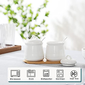HAOTOP Ceramic Sugar Bowl 2 Pack, PorcelainJar with Tray, Spoon and Lid for Sugar, Pepper, Coffee, Spice, Salt, 12 Ounces (White)