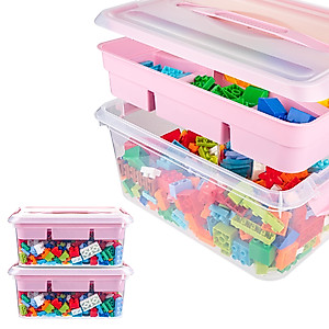 2-Pack Craft Organizers and Storage Boxes, 20 QT Playdoh storage box with Frosted Lid & Removable Tray, Pink Multi-Purpose Organizer for Toys, Crafts, Tools, Bead
