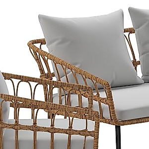 Taylor & Logan Iya 4 Piece Boho Rope Rattan Patio Conversation Set with Tempered Glass Top Coffee Table and Gray Cushions for Indoor/Outdoor Use, Natural