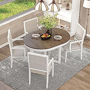 TARTOP Set 5-Piece Wooden Two-Size Round to Oval Extendable Butterfly Leaf Wood Table and 4 Upholstered Dining Chairs with Armrests for Kitchen, Dinning Room, White, Brown+White1