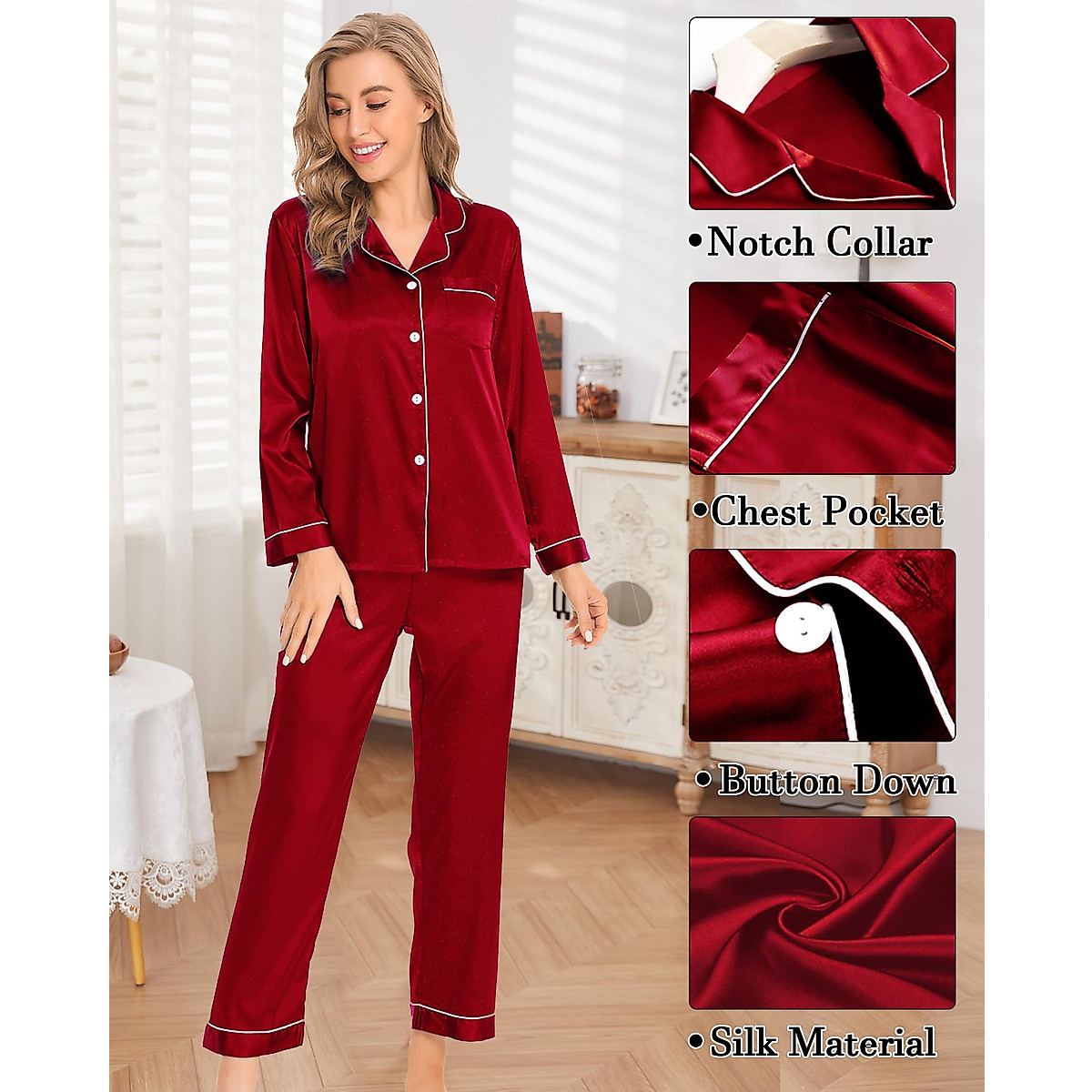 SWOMOG Womens 4pcs Pajamas Sets Silk Satin Pjs Sexy Cami Shorts Set Button Down Long Sleeve Sleepwear Loungewear, Red Medium