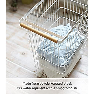 Yamazaki Home Wire Slim Saving Rolling Wheeled Clothing Hamper | Steel + Wood | Laundry Basket, One Size, White