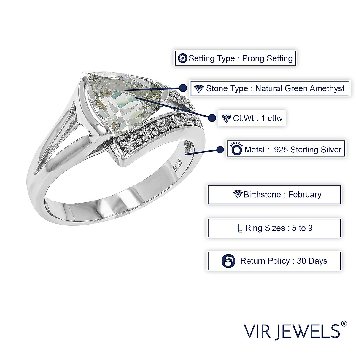 VIR JEWELS 1 cttw Green Amethyst Ring .925 Sterling Silver with Rhodium Trillion Cut 8 MM Size 6