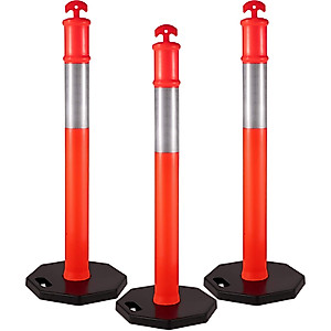 VEVOR 3Pack Traffic Delineator Posts 44 Inch Height, PE Delineator Post Kit 10 inch Reflective Band, Orange Delineator Cones with Rubber Base 16 inch for Construction Sites, Facility Management etc