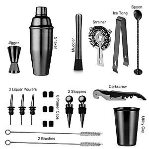 Soing Black 24-Piece Cocktail Shaker Set,Perfect Home Bartending Kit for Drink Mixing,Stainless Steel Bar Tools With Stand,Velvet Carry Bag & Recipes Included