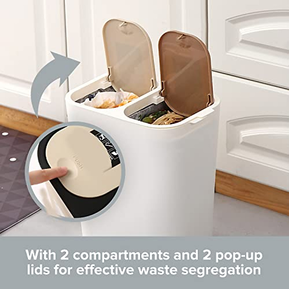 Dual Compartment Trash Can - Nordic Style Trash and Recycling Combo - Double Trash Can with Separate Pop Up Trash Bin Lids - Slim Garbage Can - Kitchen Recycle Bin - 10.2x7.1x13.2in White Trash Can