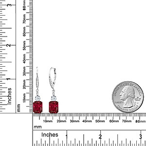 Gem Stone King 925 Sterling Silver Red Created Ruby Dangle Earrings For Women (5.60 Cttw, Gemstone July Birthstone, Emerald Cut 9X7MM)
