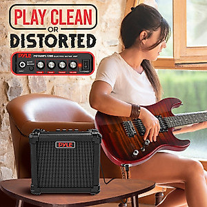 Pyle Portable Electric Guitar Amp, Battery or Wall Powered 10W Mini Amplifier with 5" High Definition Speaker, Distortion, Headphone Out, Carry Strap