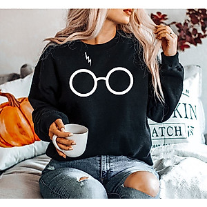 Outlook Designs Glasses and Bolt Fashion Sweatshirt, Wizard Glasses Scar Unisex Crewneck Sweatshirt, XL Black, Multicolored Glasses