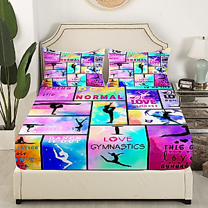 Erosebridal Gymnastics Bedding Set for Girls Women, Rainbow Tie Dye Bed Sheets Twin Size Gymnast Dancers Fitted Sheet Geometric Checkered Patchwork Bedding Decor Set with 1 Pillow Case, Pink Purple