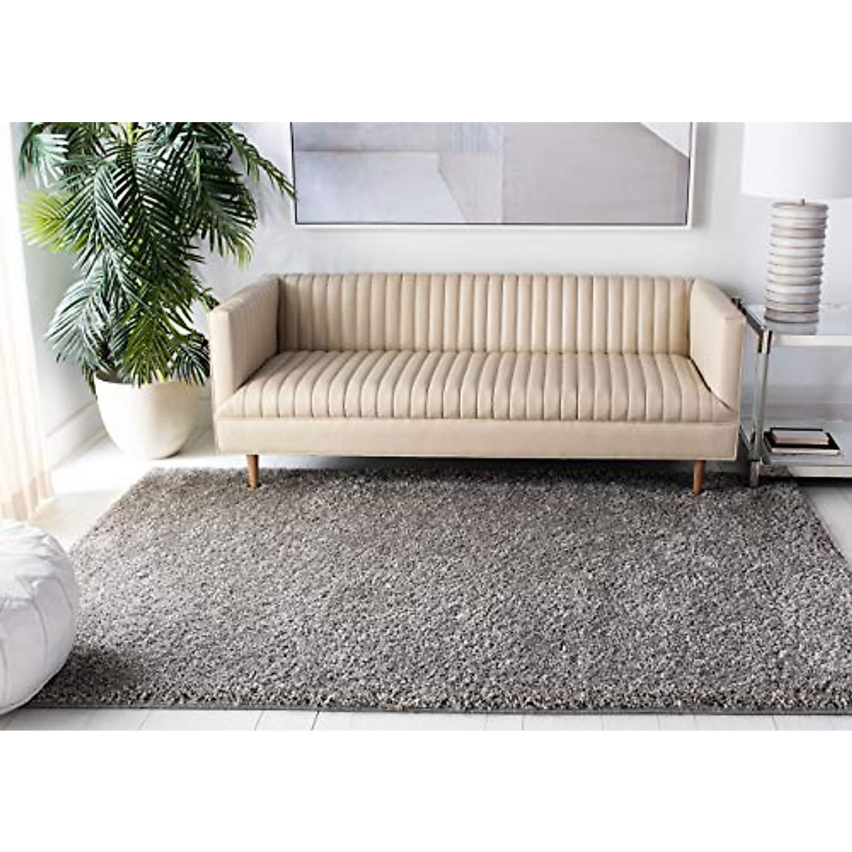 SAFAVIEH Santa Monica Shag Collection 6'7" x 9'6" Silver SGN725 Solid Non-Shedding Living Room Bedroom Dining Room Entryway Plush 2-inch Thick Area Rug