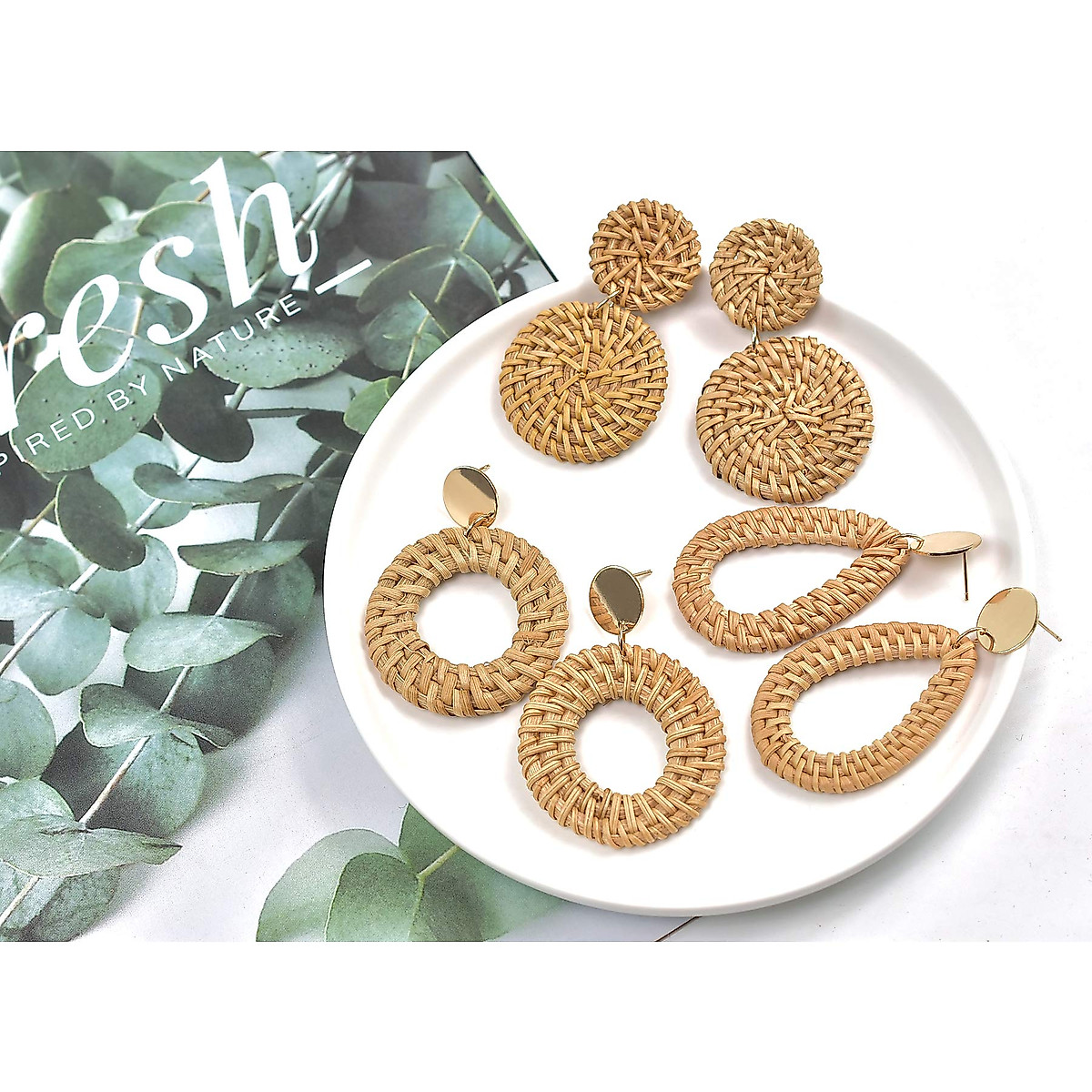 Rattan Earrings for Women Handmade Straw Wicker Braid Drop Dangle Earrings Lightweight Geometric Statement Earrings (3 Pairs Set)