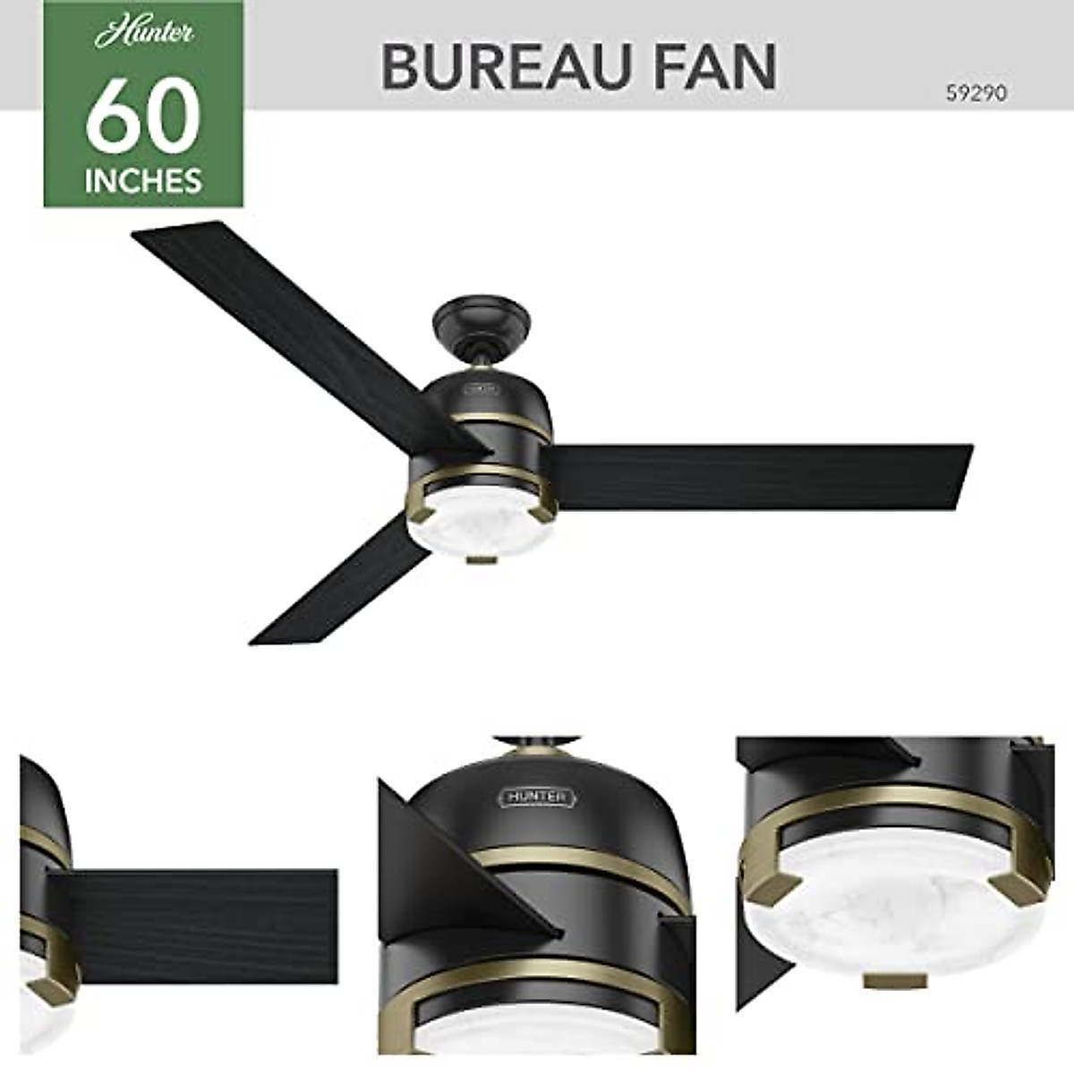 Hunter Fan Company, 59290, 60 inch Bureau Matte Black Ceiling Fan with LED Light Kit and Handheld Remote