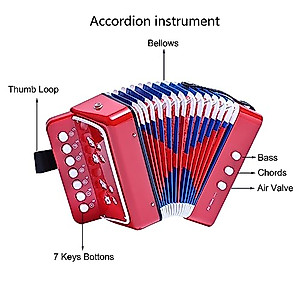 Mini Accordion 10 keys Button Kids Accordian,Musical Instrument,Accordions for Beginners (Red)