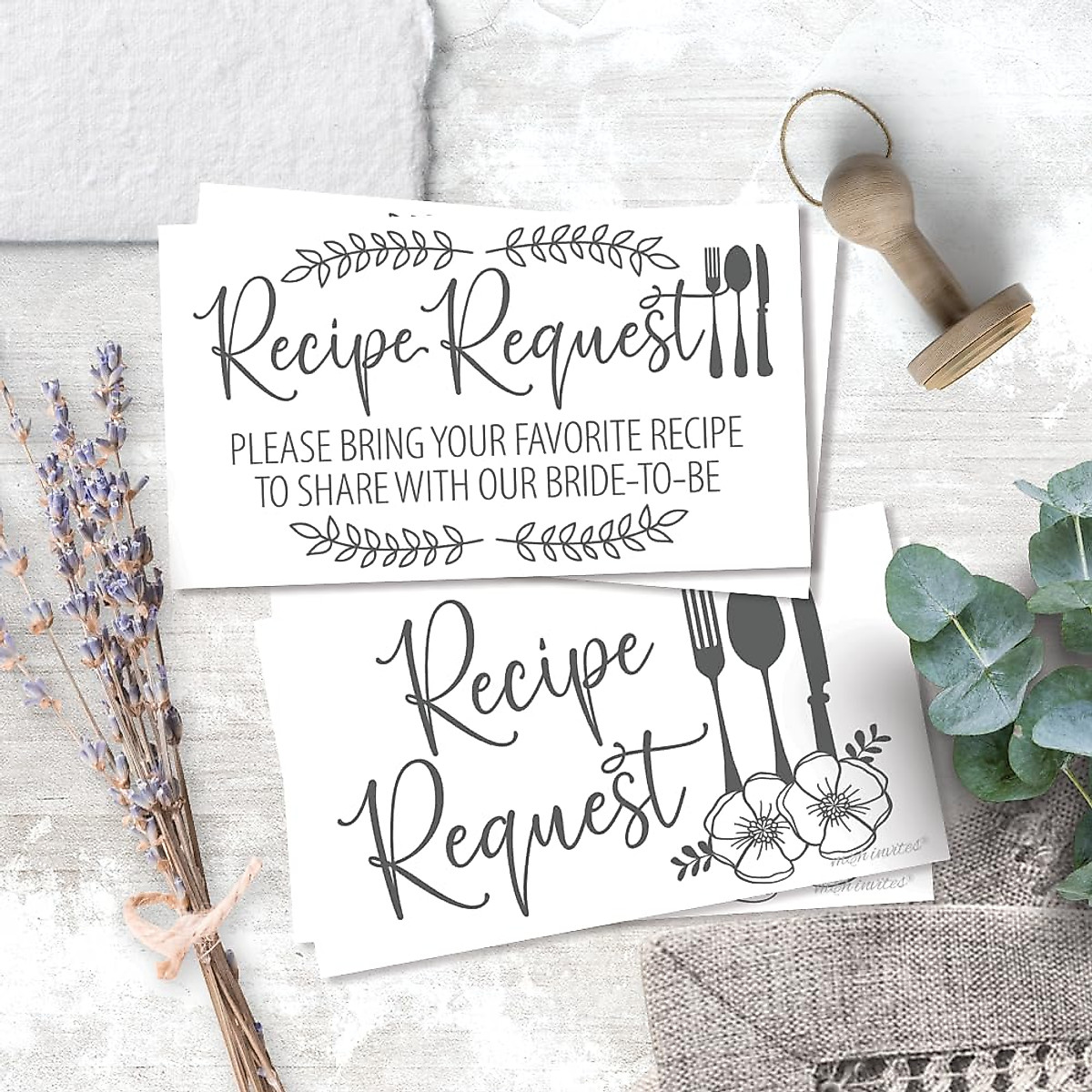 50 Bridal Shower Recipe Request Cards - Laurel and Utensil Silhouette Design - Invitation Inserts