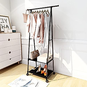 Clothes Rack Clothing Drying Rack, Rolling Garment Rack for Hanging Clothes, Small Industrial Metal Pipe Stand Coat Racks on Wheels with 2 Tier Shelves for Bedroom, Laundry, Entryway and Living Room