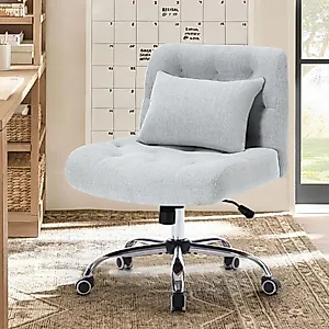Armless Fabric Office Desk Chair with Wheels, Cross Legged Wide Seat Chair, Modern Home Office Chair with Lumbar Pillow, Comfortable Computer Task Chair for Small Space, Vanity Chair for Women, Girls