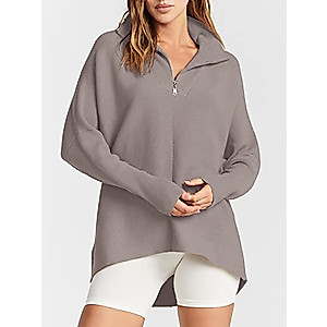 ANRABESS Women's Oversized Half Zip Sweaters 2023 Fall Quarter Zip V Neck Collared Long Batwing Sleeve Casual Loose Baggy Slouchy High Low Hem Knit Wram Tunic Sweater Winter Trendy 758hongxing-M