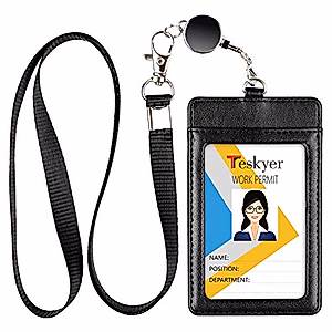 Teskyer ID Badge Holder with Retractable Lanyard, 2 Card Slots Easy Swipe Leather ID Card Holder for Work ID, School ID, Metro Card and Access Card